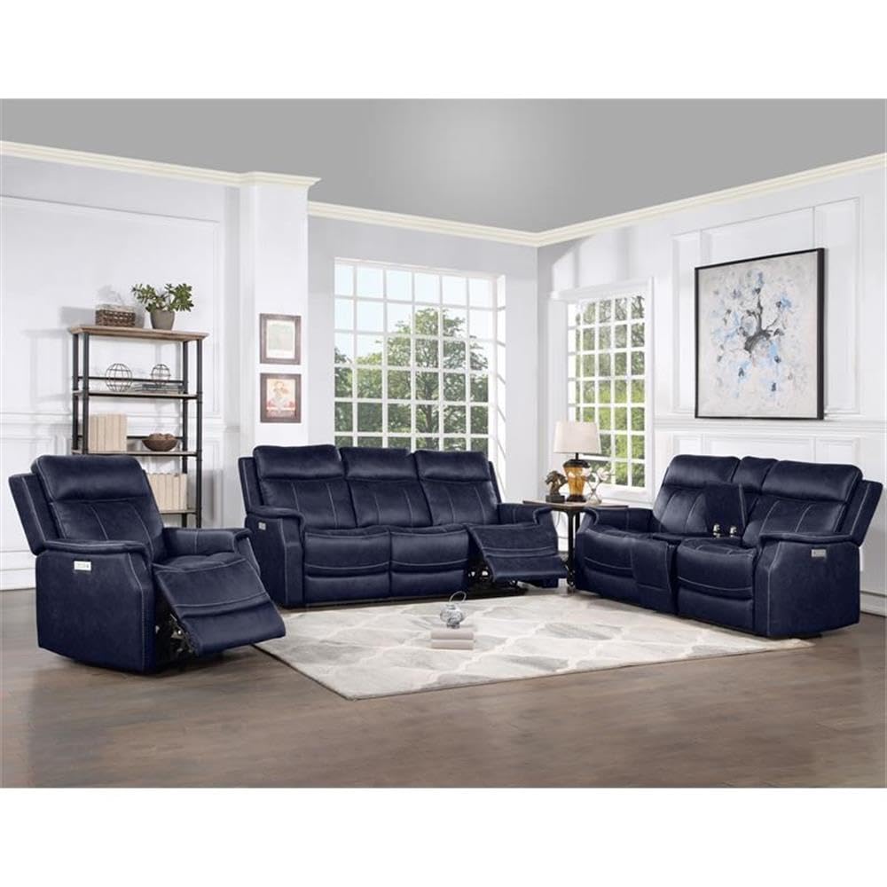 Steve Silver Co Ocean Blue Nubuck Leather-Like Power Reclining USB Port, Hand-Stitched, Headrest & Footrest Control Sofas, 84 x 41 x 41