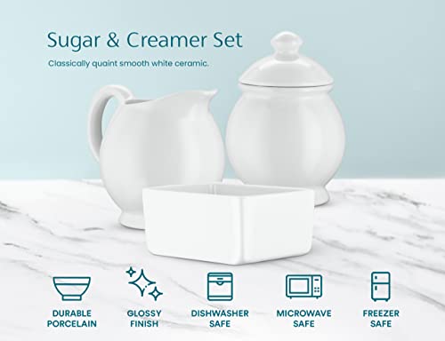 Kook Ceramic Sugar & Creamer Set, 3 Piece Porcelain Coffee Serving Set, Milk Pitcher, Sugar Bowl with Lid and Sweetener Packet Holder, Dishwasher Safe, White