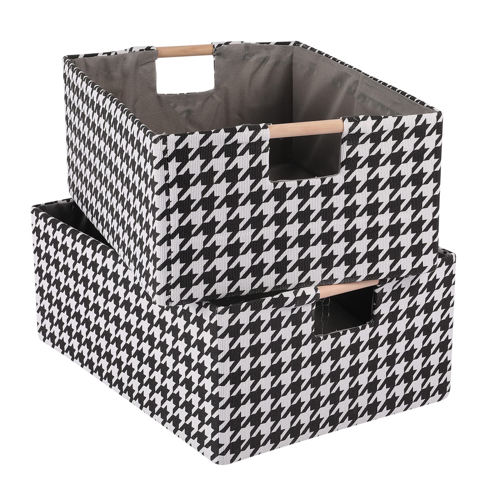 ANMINY 2PCS Storage Bins Set Foldable Cotton Linen Fabric Open Storage Baskets Box with Wood Handles Houndstooth Plaid Decorative Closet Shelf Clothes Towel Laundry Container - Black, Small