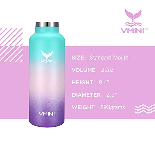 Vmini Water Bottle - Standard Mouth Stainless Steel & Vacuum Insulated Bottle, New Straw Lid with Wide Handle, Gradient Mint+Pink+Purple & 22 oz