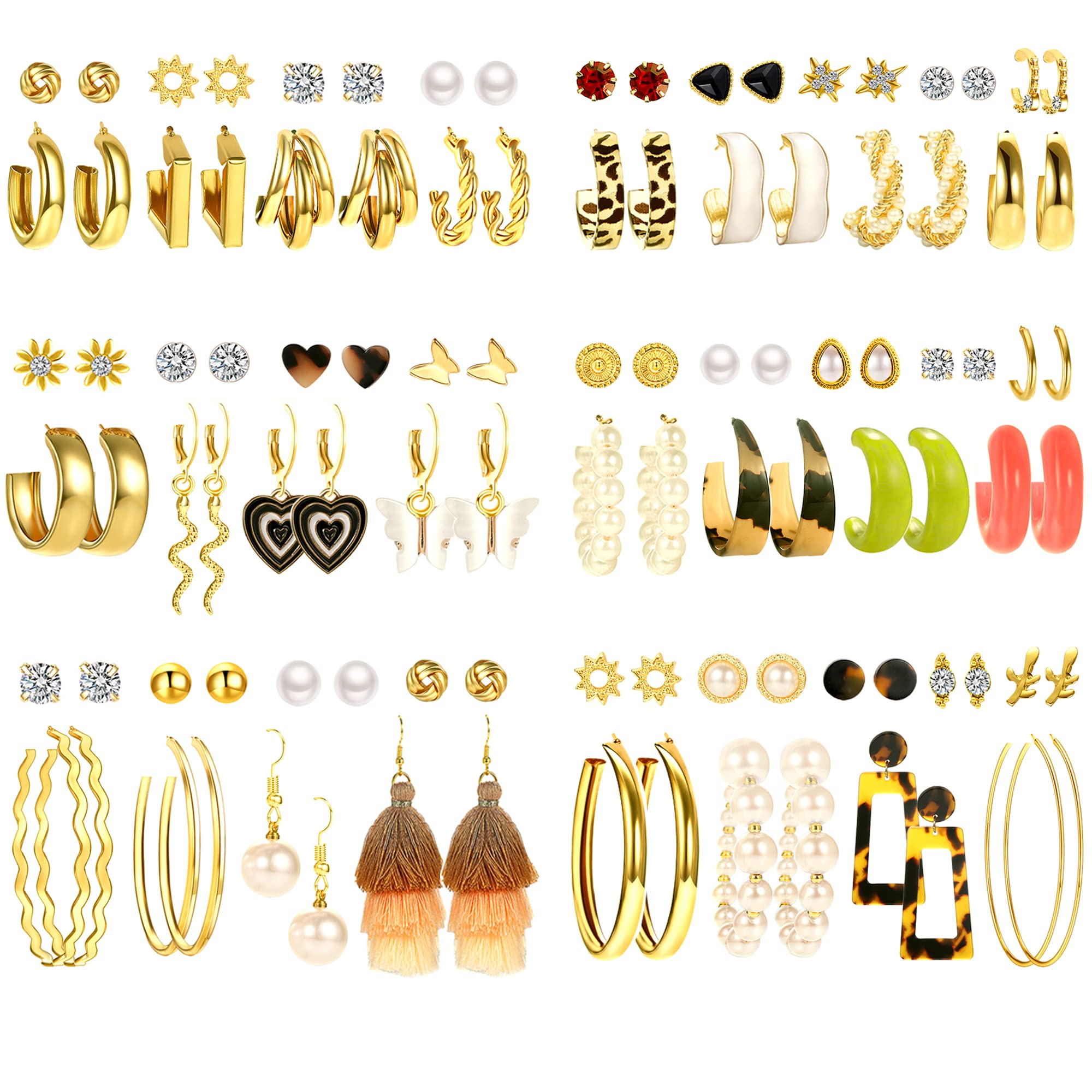 51 Pairs Gold Hoop Stud Earrings Set For Women Multipack Pearl Butterfly Heart Drop Dangle Earrings Fashion Earrings Pack