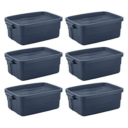 Rubbermaid Roughneck 10 Gallon Rugged Storage Tote in Dark Indigo Metallic with Lid and Handles for Home, Basement, Garage, (6 Pack)