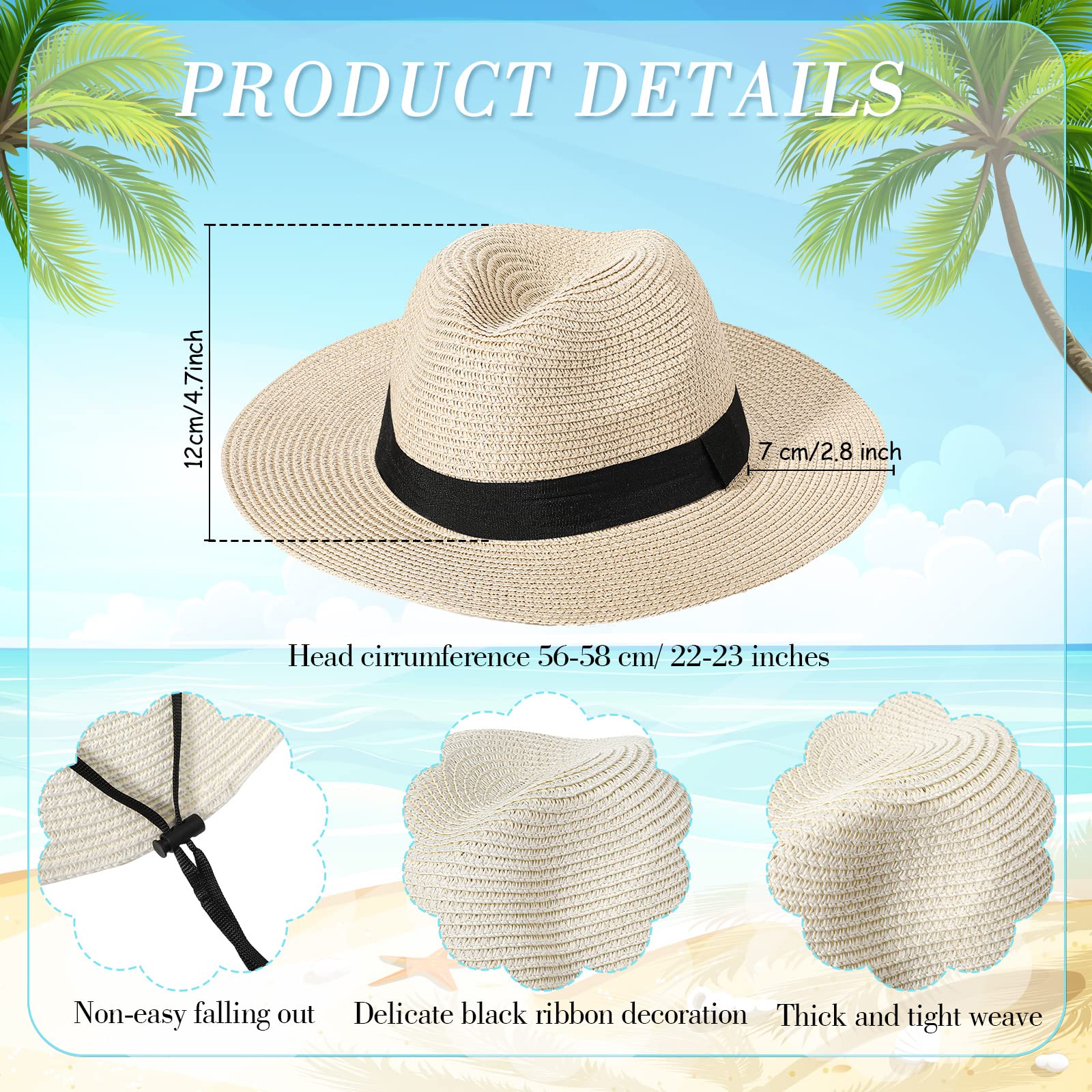6 Pcs Panama Sun Hat Wide Brim Straw Hat with Wind Lanyard Sun Protection Foldable Beach Hat for Women Men Summer Travel Vacation
