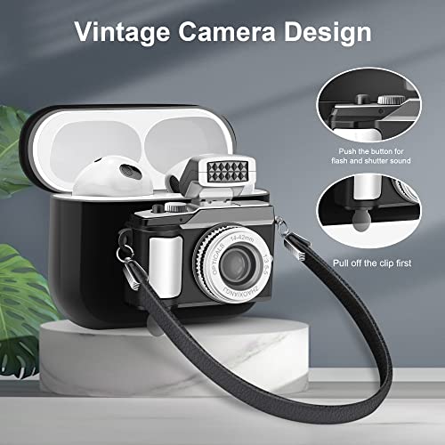 Coolden Compatible with AirPod 3rd Generation Case Cover Vintage Camera Design for Women Girls Creative Flash Shutter Function with Wrist Strap Soft Silicone Protective Shockproof Case for Airpods 3rd