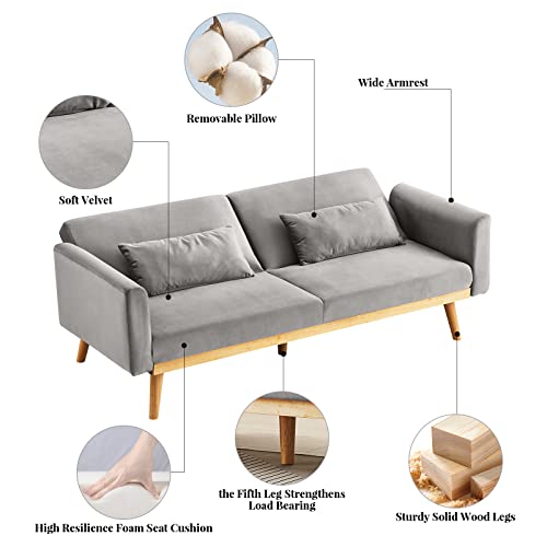AWQM Velvet Futon Sofa Bed, Memory Foam Couch Set, Upholstered Modern Daybed Convertible Folding Loveseat Recliner with Pillows and Wooden Frame for Compact Living Room, Apartment, Dorm, Office (Grey)