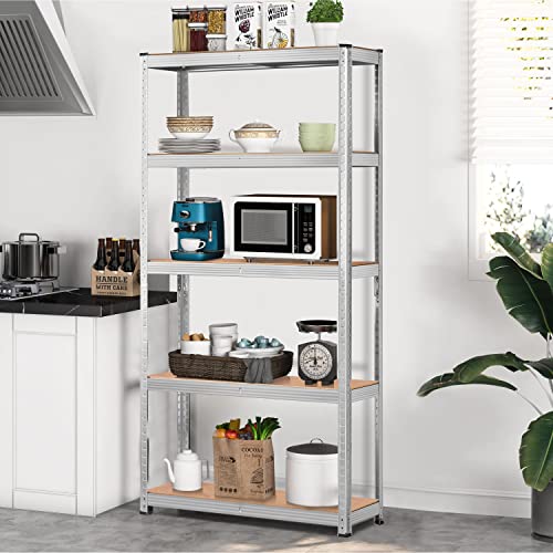 Topeakmart 2 PCS 5-Tier Utility Shelves, Metal Storage Shelves Garage Shelving Unit Adjustable Garage Storage Shelves Storage Racks Heavy Duty Shed Shelving- Silver, 35.5 x 12 x 71 Inch