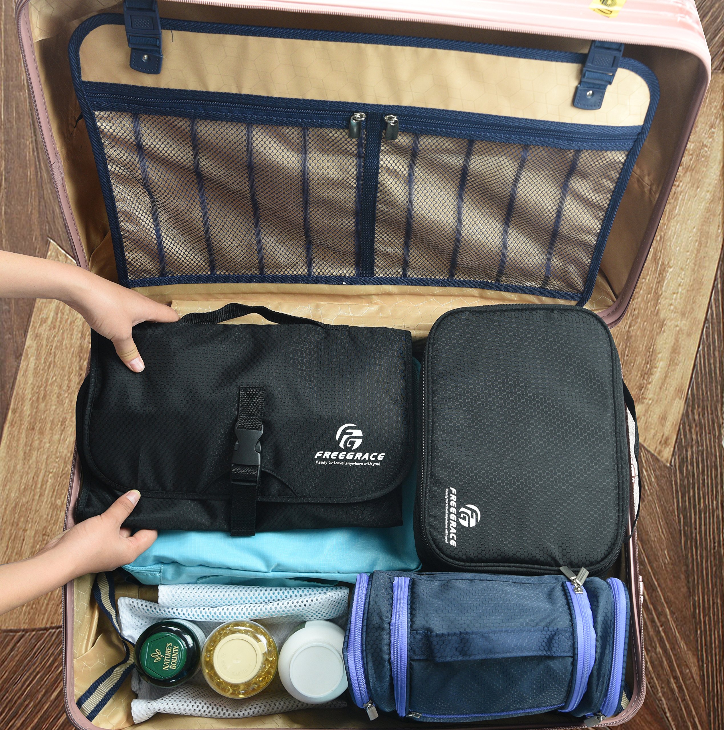 Freegrace Premium Hanging Toiletry Travel Bag - Cosmetic, Jewelry, Toiletry & Accessory Storage Organizer Bag, Large Size, Various Compartments (Black)