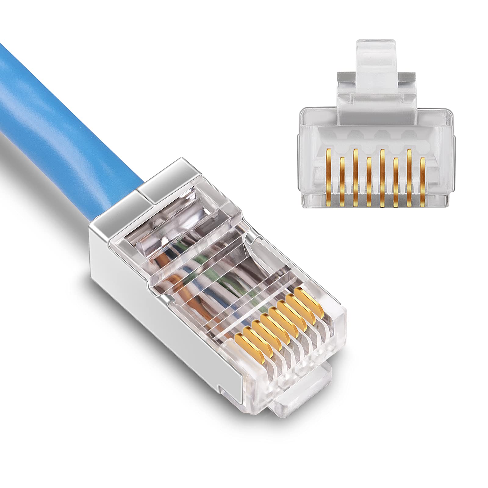 iGreely Shielded Cat6 RJ45 Connectors 50 Pack Gold Plated RJ45 Cat6/Cat5E/Cat5 8P8C 50 Micron 50u 3 Prong FTP STP Ethernet Cable Crimp Modular Plug