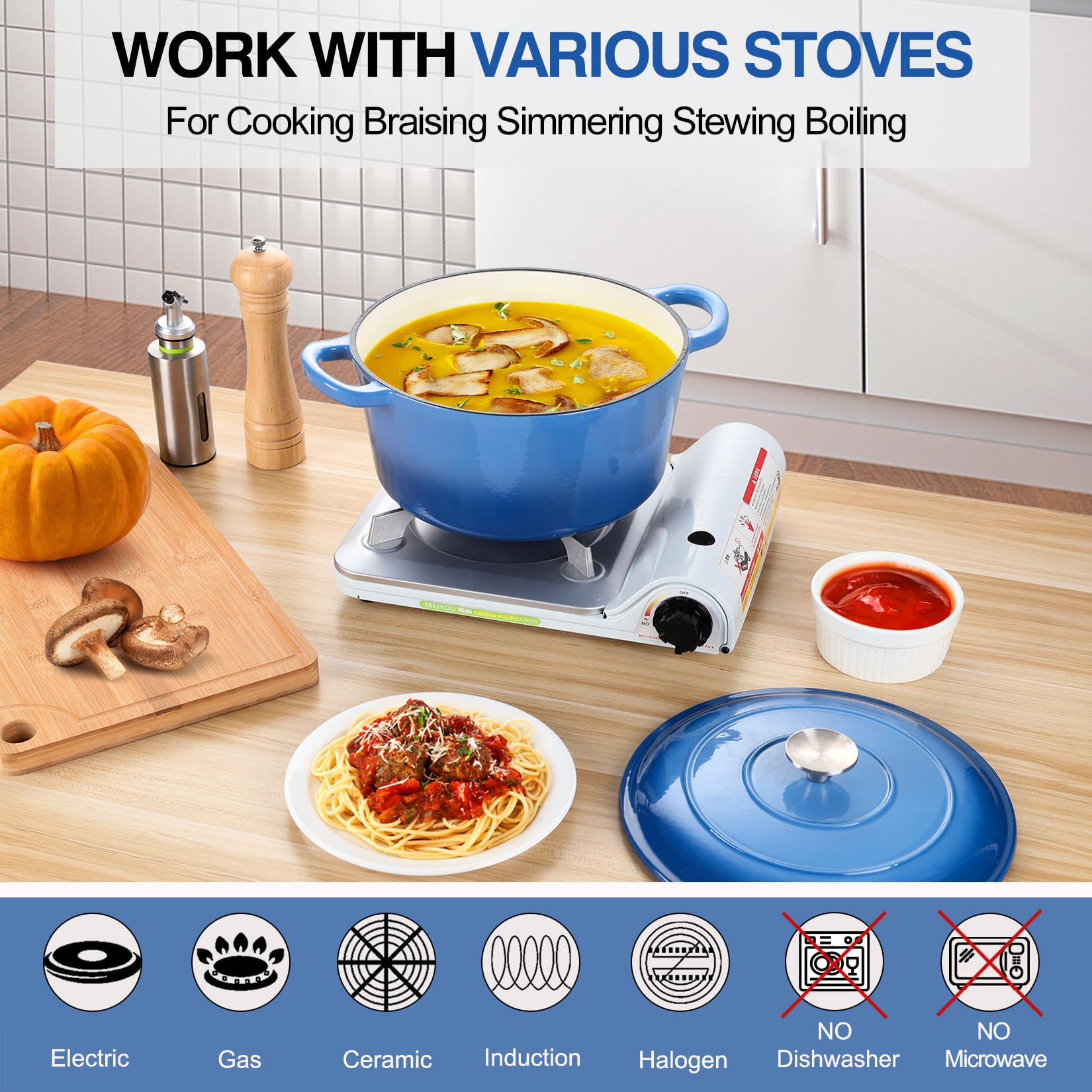 6 Quart Enameled Dutch Oven with Lid, P&P CHEF Cast Iron Dutch Oven Pot, Enamel Round Dutch Oven Cooking Pot for Braising, Stewing, Roasting, Baking, Various Stoves & Oven Safe, (Blue)