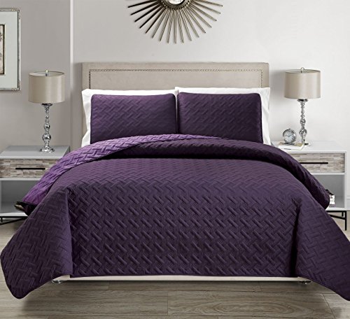 KingLinen Embossed Purple Reversible Bedspread/Quilt Set Queen