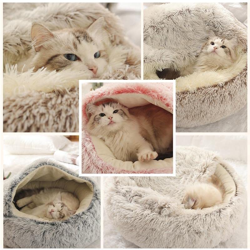 Geizire Small Dog Bed & Cat Bed, Round Donut Calming Cat Beds, Anti-Anxiety Cave Bed with Hooded Blanket for Warmth and Security - Machine Washable, Water/Dirt Resistant Base (Up 6 Pound)