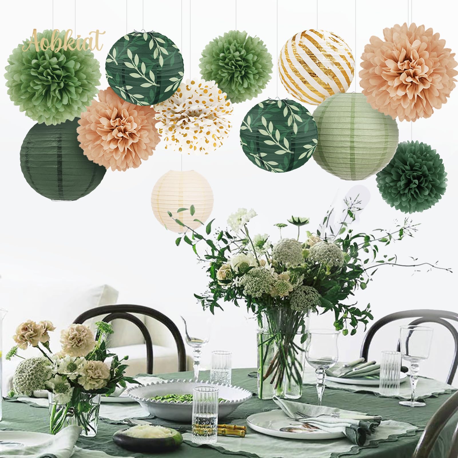 AOBKIAT Wedding Party Decorations Set,12PCS Olive Green Sage Paper Pom Poms Lanterns with Olive Leaf,for Engagement,Baby Shower,Bridal Shower,Boho Party