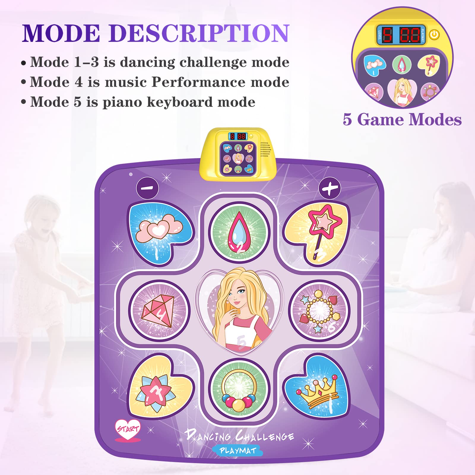 beefunni Dance Mat for Girls 3 4 5 6 7 8 9 10+ Year Old, 5 Game Modes, Birthday Gifts Toys for Kids, Dancing Pad with Adjustable Volume, LED Lights