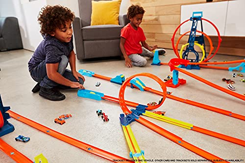 Hot Wheels Track Builder Unlimited Adjustable Loop Pack for Kids 6 Years Old & Up with 1 Hot Wheels Car, Spiral Loop, Launcher & 3 Tracks That Connects to Other Sets , Orange, Blue, Yellow