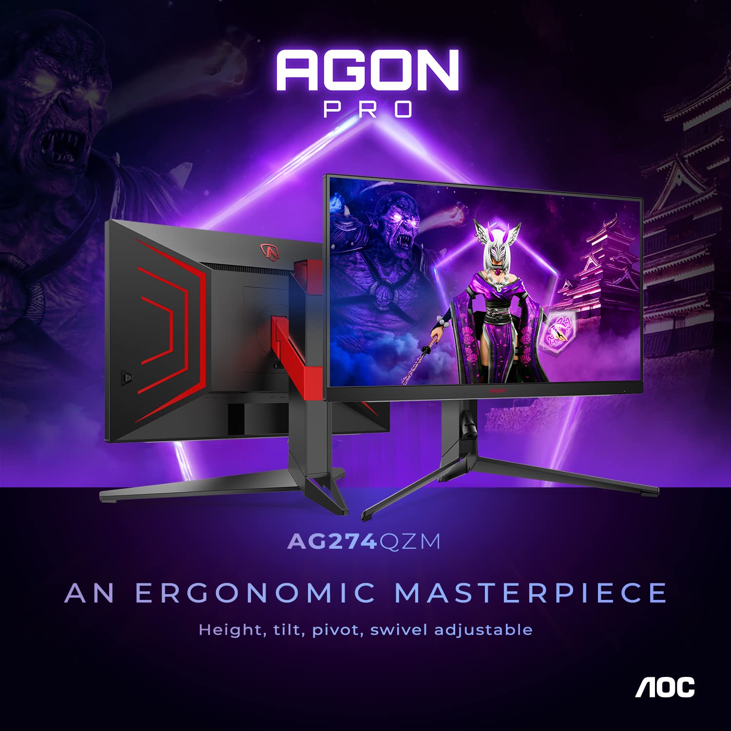 AOC Agon PRO AG274QZM 27” Tournament Gaming Monitor, QHD 2560x1440, 240Hz 1ms, G-SYNC Compatible, DisplayHDR 1000, Mini-LED Backlight, Height Adjustable,Black