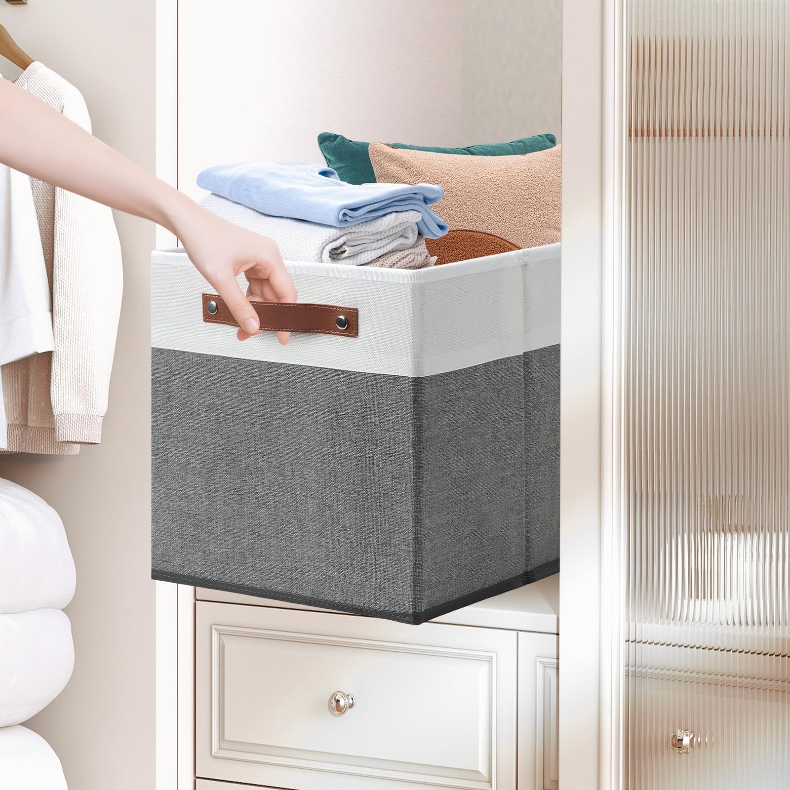 ArcaGuru 13x13x13 Storage Cube Bins, Foldable Fabric Organizer Bins Storage Cubes Baskets Box Drawers for Shelves, Closet, Wardrobe, Bookshelf, 4 Pack, White/Gray