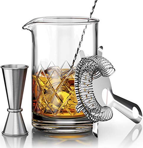MOFADO Crystal Cocktail Mixing Glass Set - 4 Piece - 18oz 550ml - Thick and Sturdy Bottom, Durable Crystal Mixing Glass, Spoon, Jigger, Strainer - Beautiful Gift