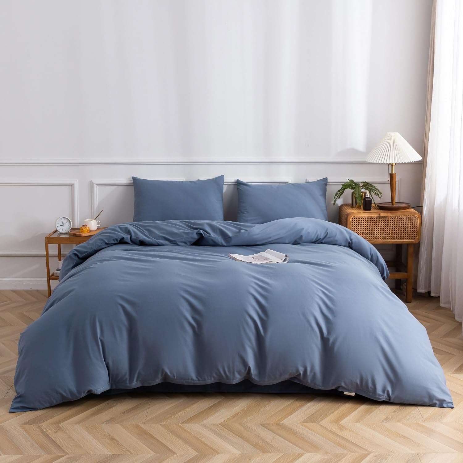 TazmKezm Blue Duvet Cover Set 100% Washed Cotton Duvet Cover Full Size,3 Pieces Luxury Soft Bedding Set with Zipper Closure.Solid Color Pattern Duvet Cover(80x90 Inch)