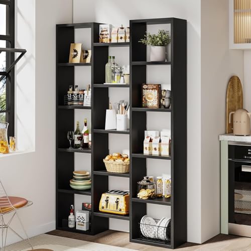 LITTLE TREE 14-Cube Bookshelf, 5-Tier Bookcase with Open Shelves, Retro Wood Storage Organizer Display Shelf, Horizontal/Vertical Storage Shelving Unit for Bedroom, Living Room, Office, Black