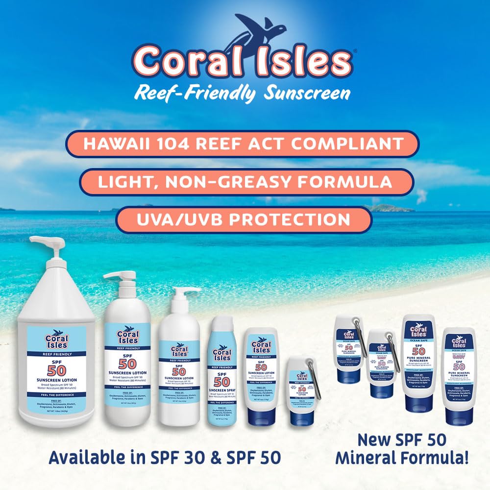 Coral Isles Reef Safe Sunscreen Spray SPF 50 - Broad Spectrum UVA/UVB Protection - Octinoxate & Oxybenzone Free - Hawaii Compliant - Non-Greasy, Fragrance Free - Water Resistant - 6 Fl Oz 3 pack