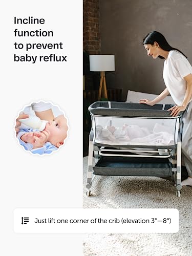 Earth&ME Baby Bassinet Bedside Sleeper with Rocking - All Mesh Portable Bedside Crib for Safe Co-Sleeping, Storage Basket and Wheels, Adjustable Height, Includes Travel Bag, Mosquito Net