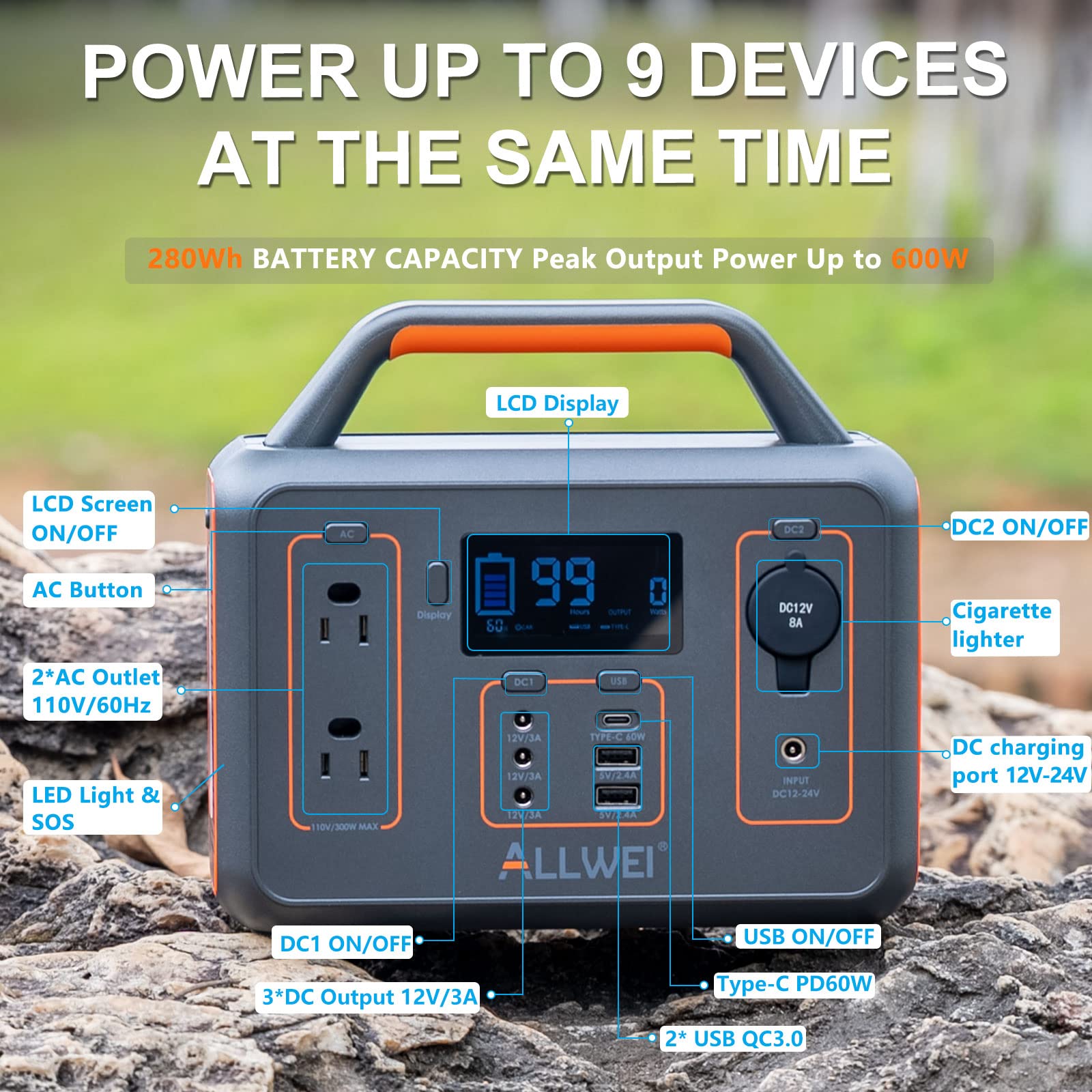 ALLWEI 300W Portable Power Station with 1 * 100W Solar Panel Included, Solar Generator 280Wh, PD60W USB, DC AC Outlet, Home Battery Backup for Camping Outdoor RV Trip Hunting Blackout CPAP