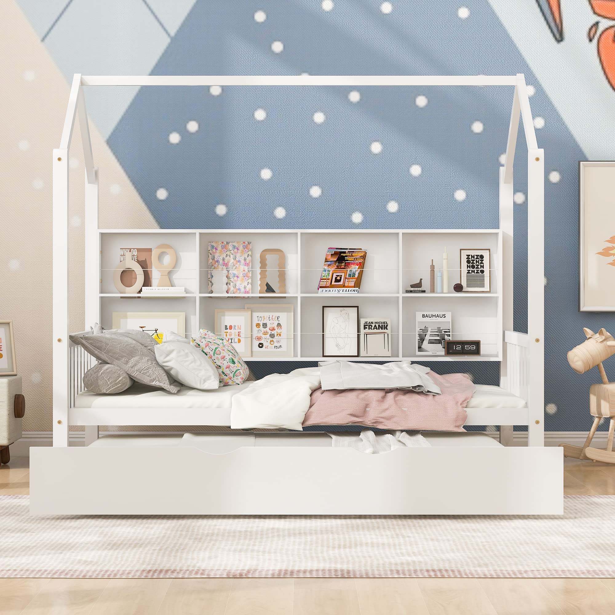 Merax Wood Twin Montessori Daybed with Trundle and Book Shelf, Low Sofa Day Bed for Boys Girls,No Box Spring Needed White