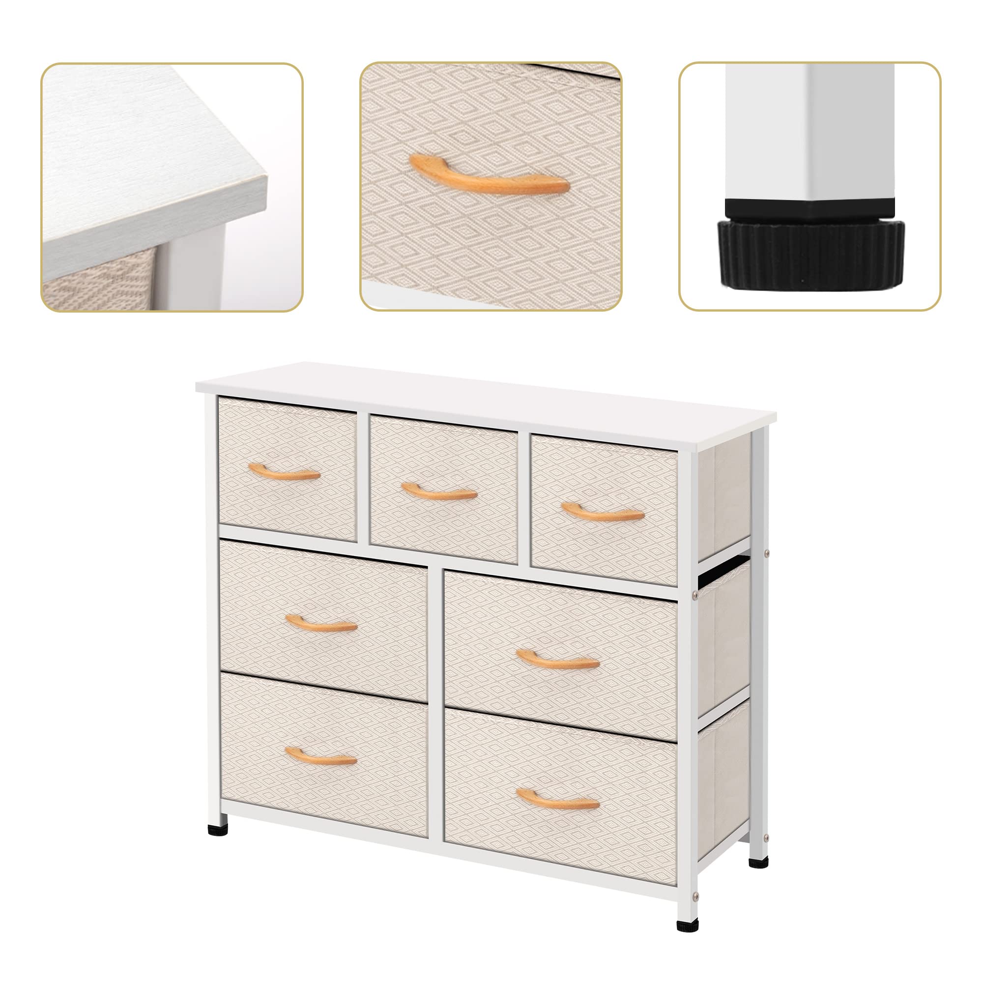 AZL1 Life Concept Storage Organizer 7-Drawer Closet Shelves, Sturdy Steel Frame Marbling Wood Top with Easy Pull Fabric Bins for Clothing, Ivory