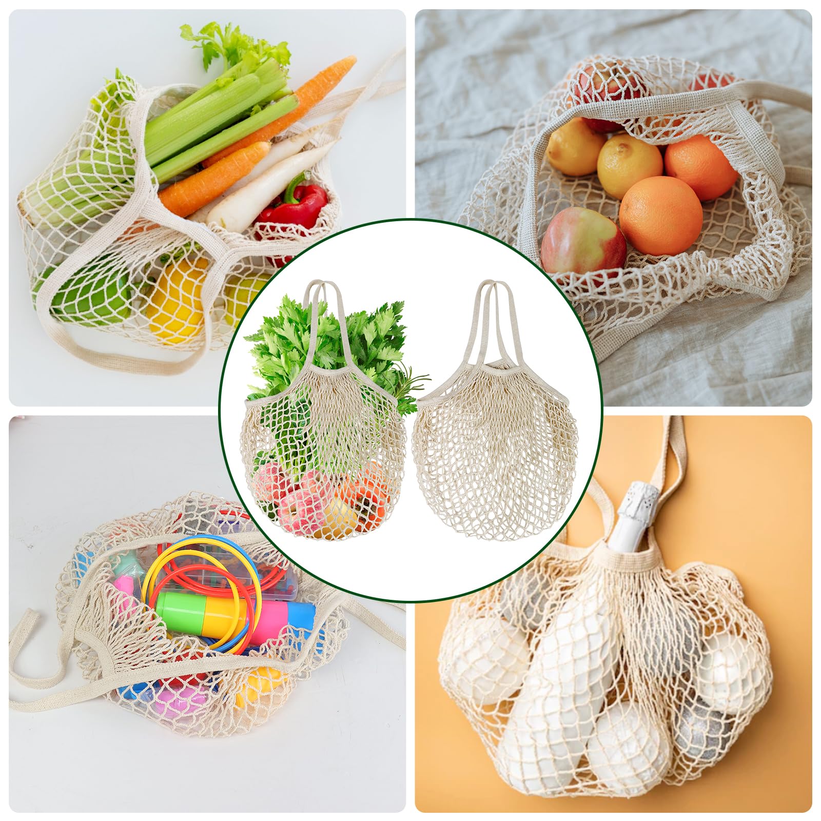 Mordx 2 Pack Premium Mesh Grocery Bags,100% Cotton String Mesh Bags,Long Handle Net Tote Bags,Reusable Produce Bags,Washable,Portable,Fruit and Vegetable Storage Bags,Beige