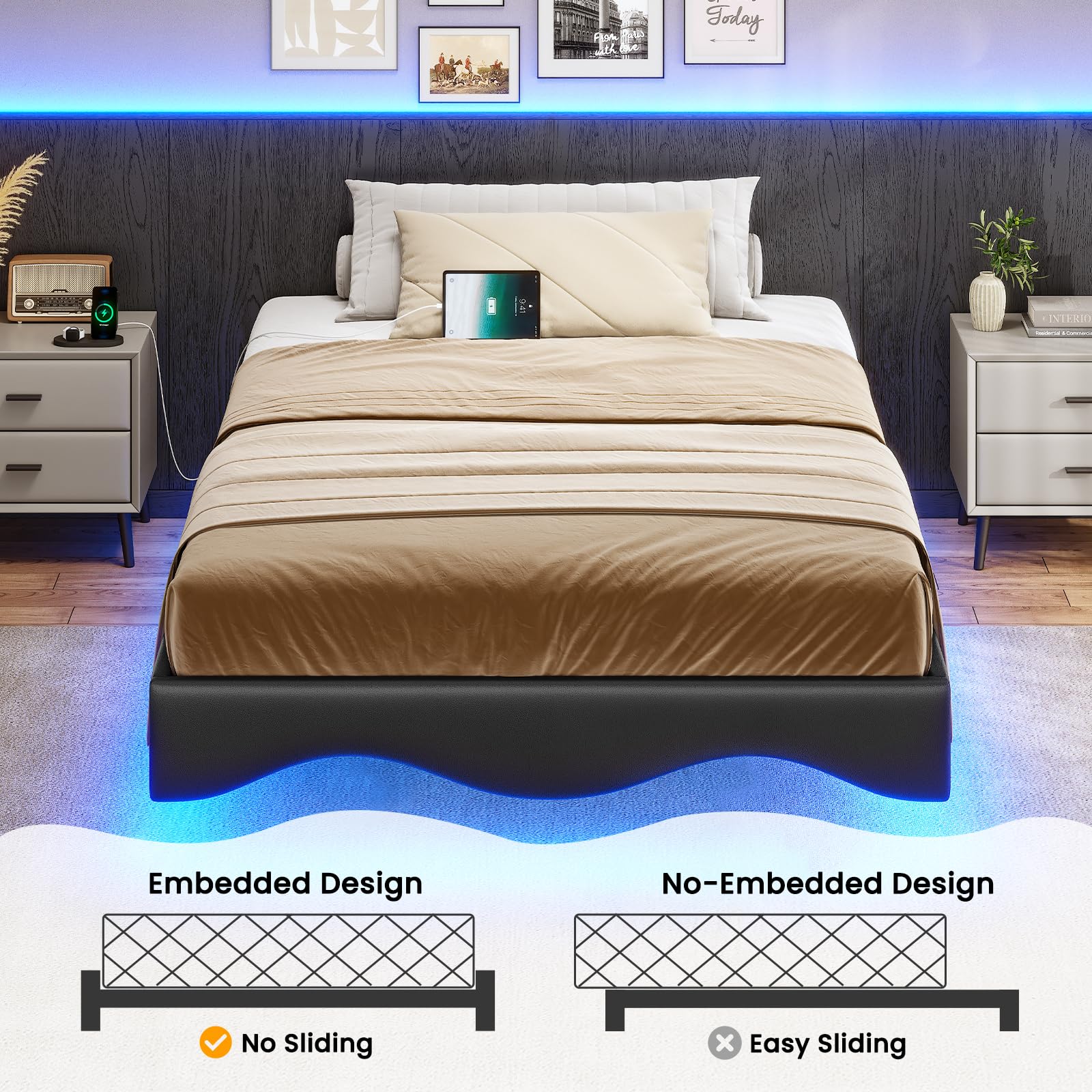 AOGLLATI Floating Bed Frame Twin Size with Charging Station & LED Lights, Platform Twin Bed Frame with Leather Wave Molding and Stable Structure,No Box Spring Needed, Black