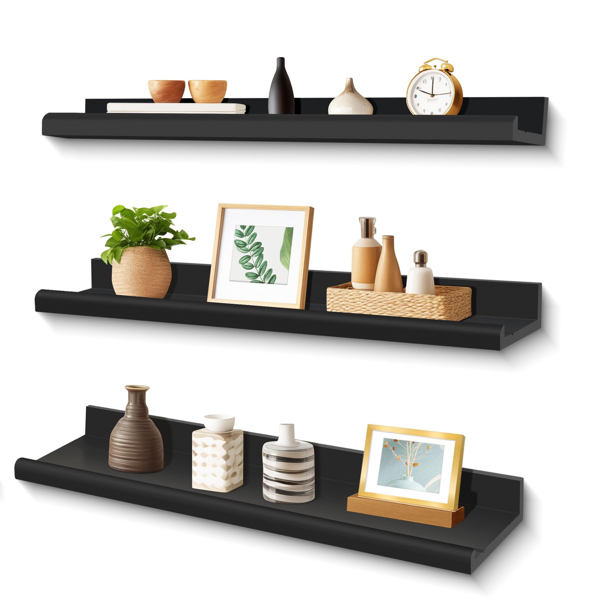 Annecy Floating Shelves, 23.6 Inch Floating Shelves for Wall, Wall Shelves Set of 3, Floating Shelves with Lip for Bathroom Kitchen Bedroom, 3 Different Widths, Dark Carbonized Black