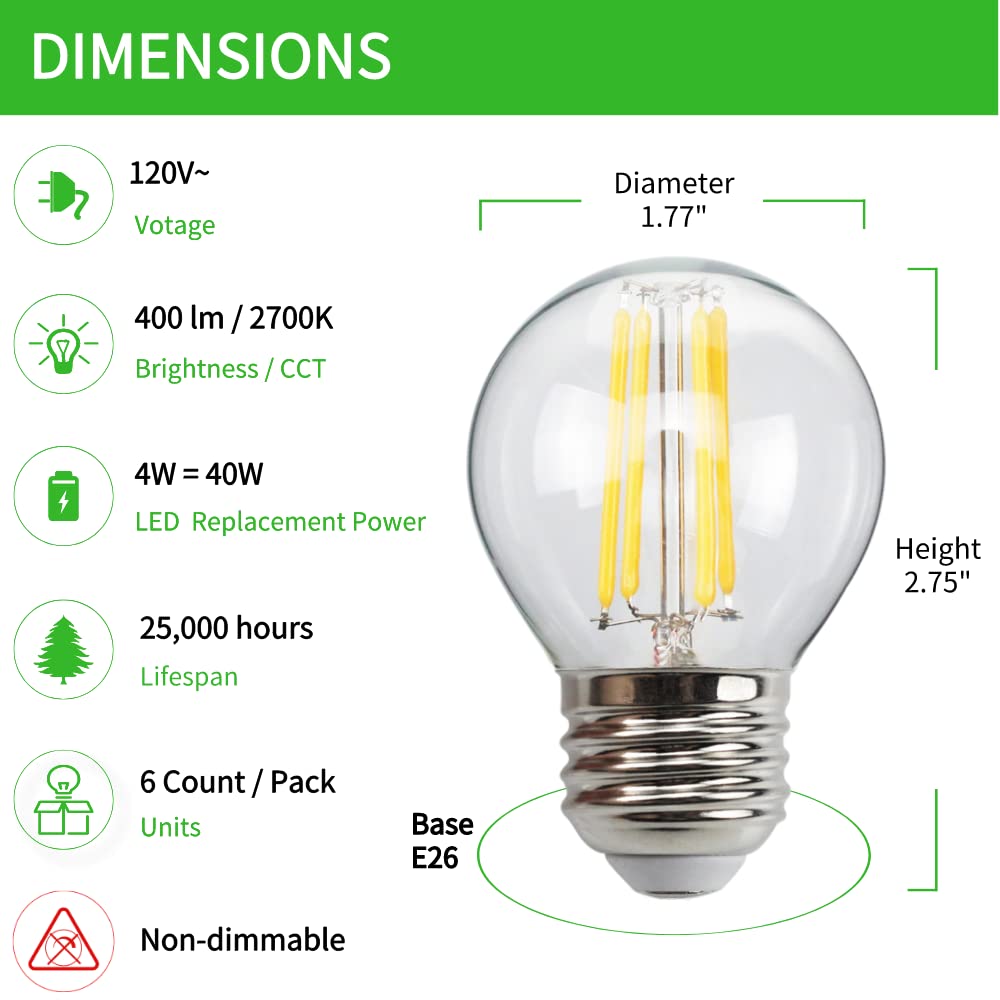 6-Pack G16.5 E26 LED Small Globe Bulbs 40Watt Equivalent, 2700K Warm White, 400Lumens, 4W G45 Vintage Chandelier Light Bulbs, Non-Dimmable, LED Filament Clear Glass Candle Lamp for Home&Office Decor