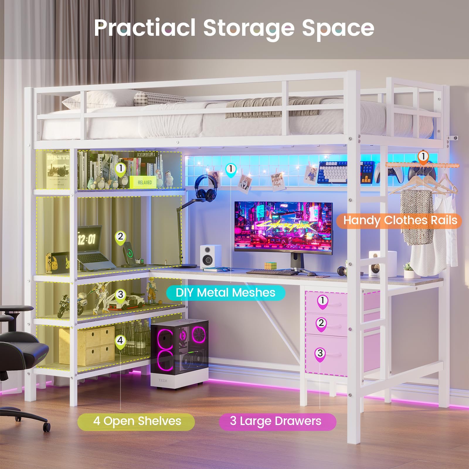 AOGLLATI Loft Bed Twin Size with L-Shaped Desk, Charging Station, LED Lights, Twin Metal Loft Bed Frame with 4 Storage Shelves,3 Fabric Drawers and Clothing Rail,No Box Spring Needed, White