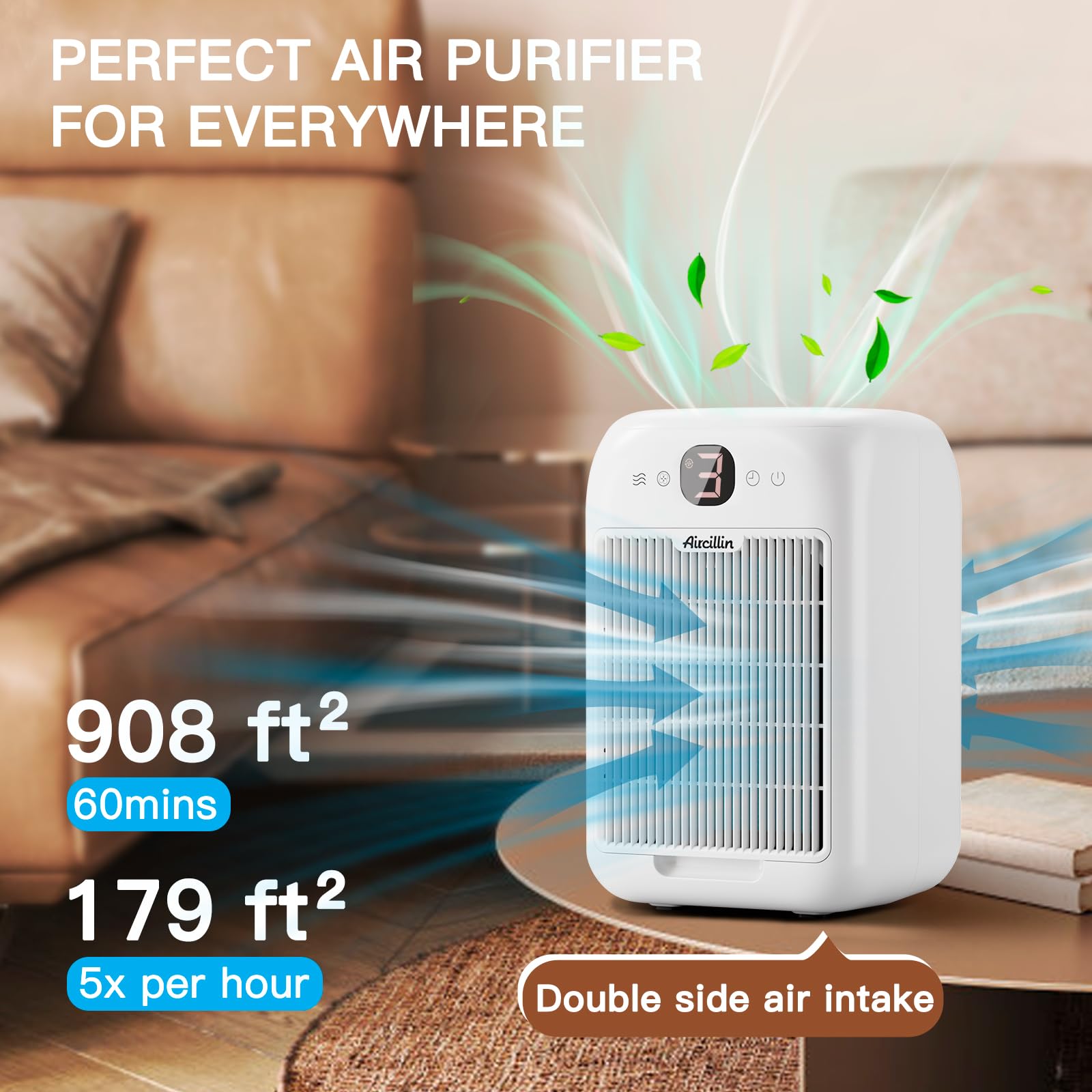 Aircillin Air Purifiers for Home Bedroom Up to 908 Sq Ft, Air Purifiers with HEPA Filter Aromatherapy,Turbo Boost Button, Sleep Mode, White