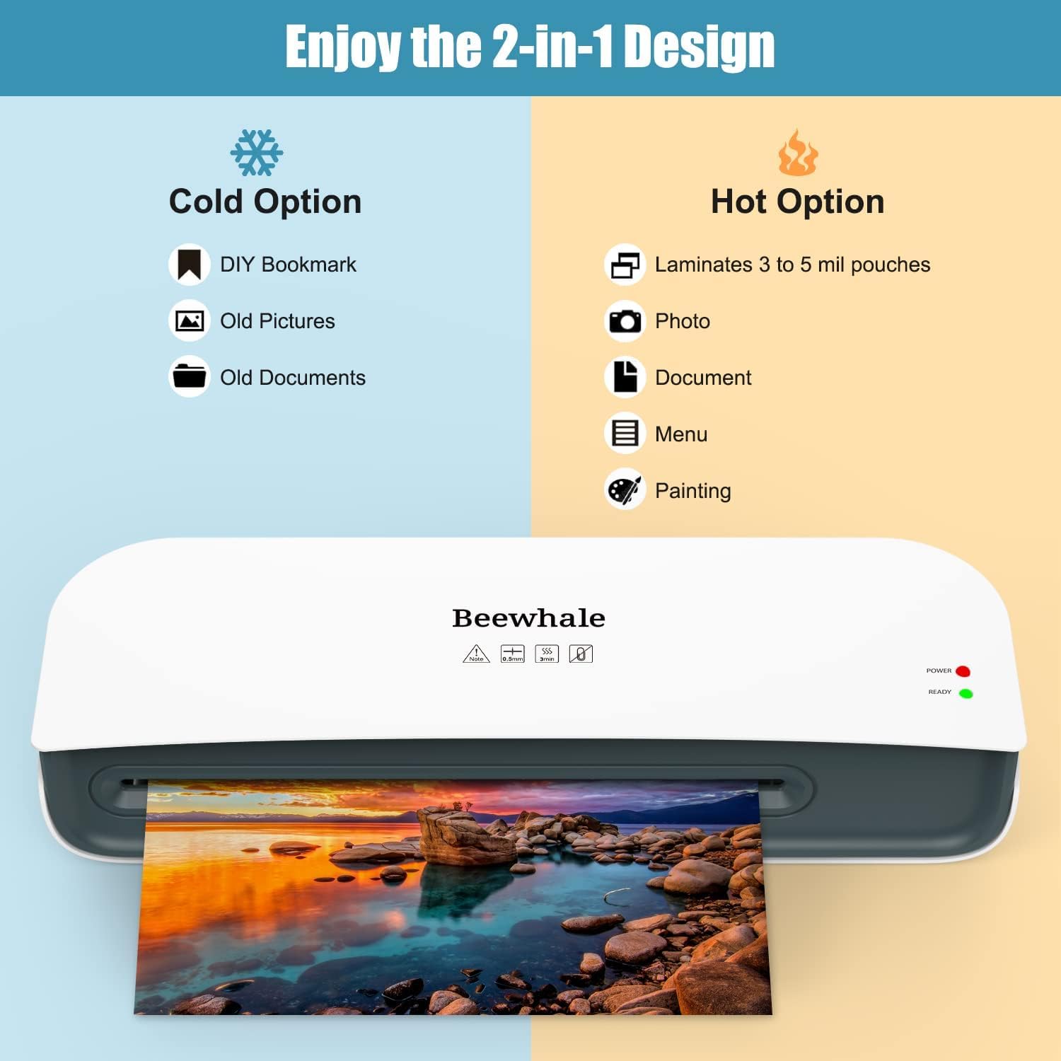 Anti Jam Laminator,9-Inch Cold & Thermal Laminator Machine, Beewhale 4-in-1 Laminator Machine with Laminating Sheets 15 Pouches,A4 PRO Personal Laminator for Teacher,Home,Office