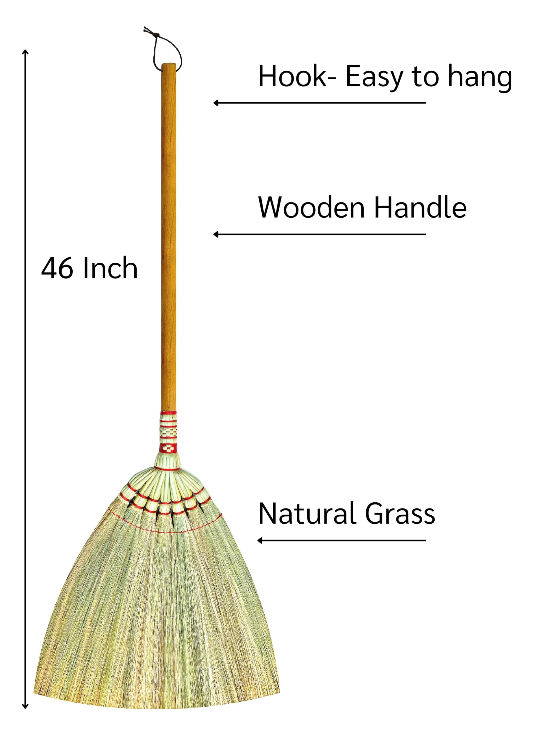Asian Broom 46 inch - Straw Soft Broom - Long Handle Broomstick for Cleaning, Decoration, Wedding-Natural Whisk Broom for House, Garage, Office,Kitchen - Indoor Grass Broom