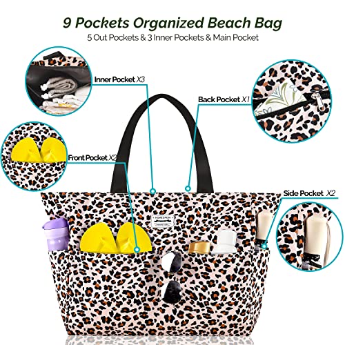 HOMESPON Large Waterproof Beach Bag for Women Sandproof Tote Bag Pool Bag with Zipper and Pockets for Travel Vacation Gym (Leopard Print)