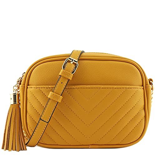 FashionPuzzle Chevron Quilted Crossbody Camera Bag with Chain Strap and Tassel (Mustard) One Size