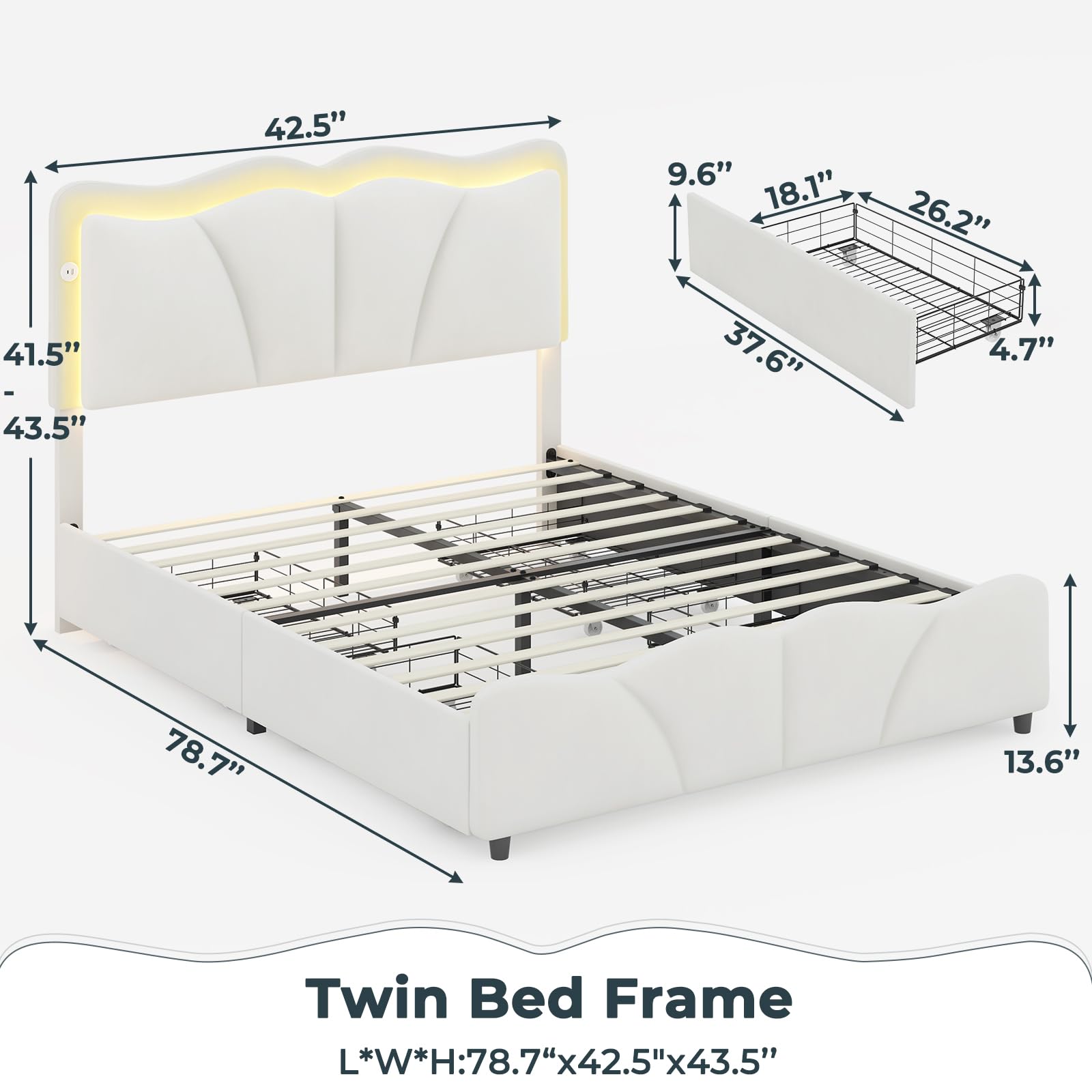 AOGLLATI Twin Bed Frame with 4 Storage Drawers & Charging Station,Upholstered Led Flower Twin Bed with Adjustable Headboard and Strong Wood Slat Support,No Spring Box Needed, Beige