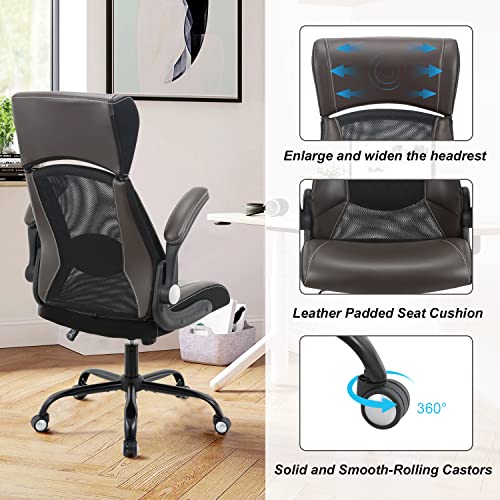 Executive Office Chair, Ergonomic Leather Desk Chair - Widened Adjustable Headrest with Flip-Up Arms, High Back Computer Swivel Task Chair with Lumbar Support for Home Office, Brown (Brown, Large)