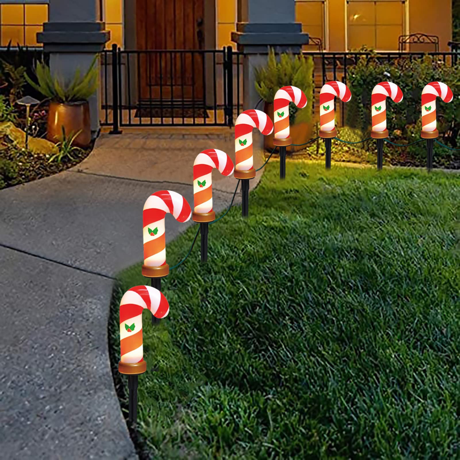 Christmas Candy Cane Pathway Lights Outdoor, 2 Sets 7Ft Christmas Outdoor Decoration String Lights with 8 Candy Cane Markers Stake Lights, Plug in Walkway Lights for Driveway Lawn Garden Yard Decor