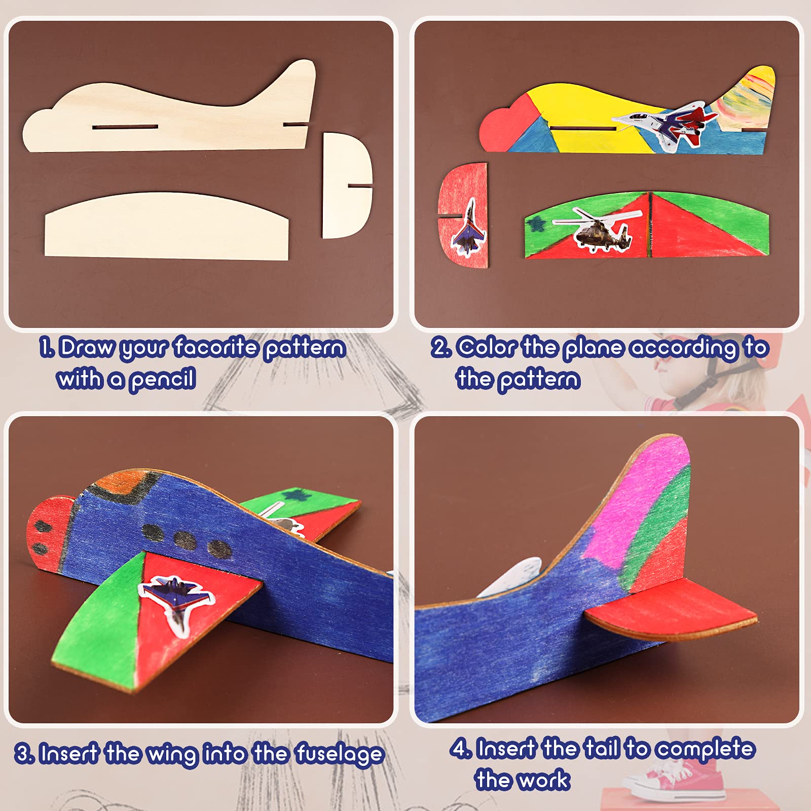 BAPHILE 12 Pack DIY Wood Planes,Mini Airplane Paint and Decorate Wooden Airplane Craft Kits with Decorate Tools for Kids School Craft Decor Projects
