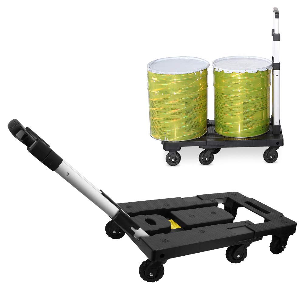 Asixxsix Folding Hand Truck, Portable Heavy Duty Luggage Cart with 7 Universal Wheels, Pulling Rod 170 Degree Rotatable Solid Construction Compact Utility Dolly Cart for Travel House Office