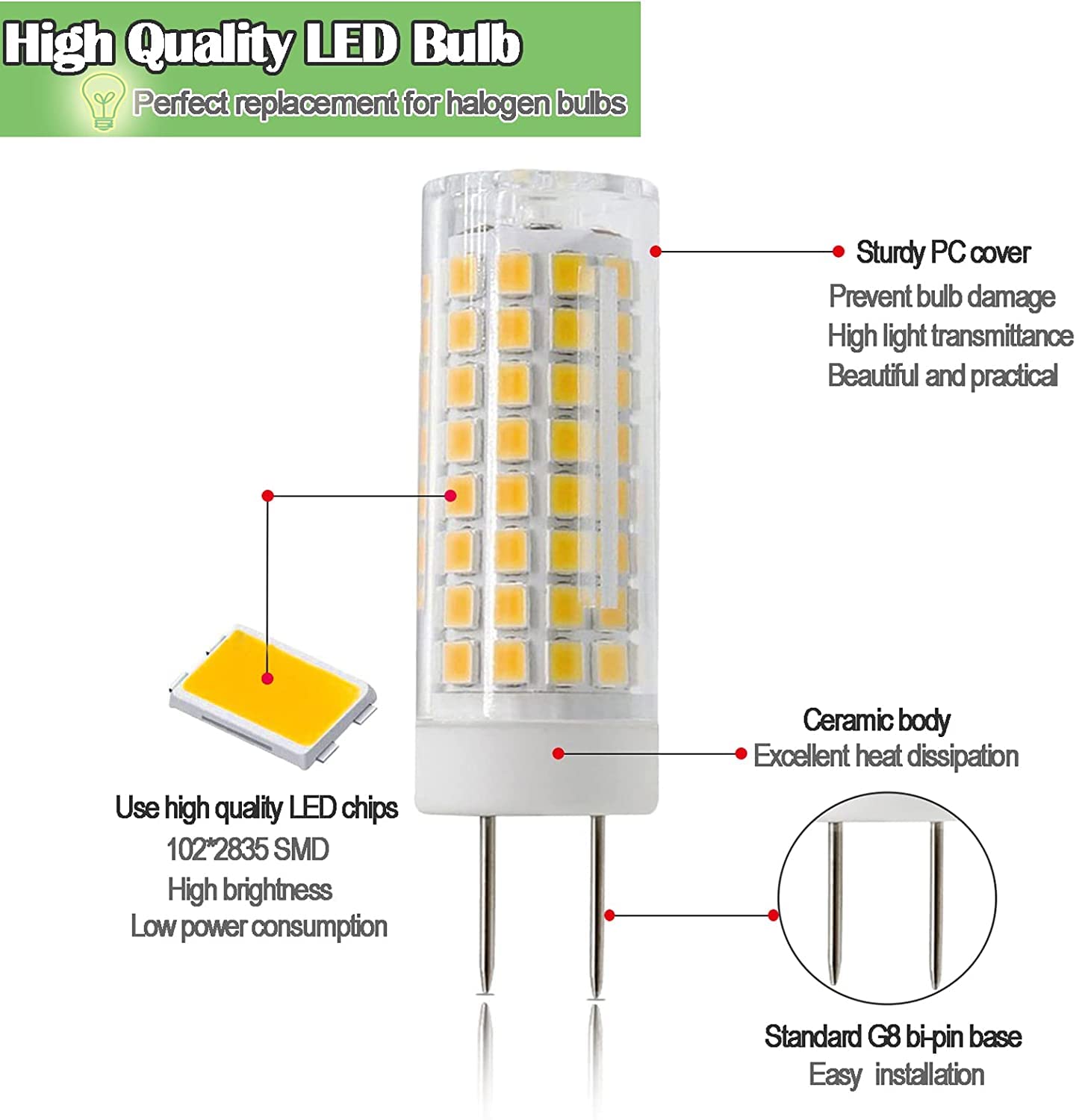 G8 LED Bulb Dimmable 7W Equivalent to G8 Halogen Bulb 75W-80W, GY8.6 /G8 Bi-Pin Base Light Bulb AC 120V G8 Bulb for Under Cabinet Light, Under Counter Kitchen Lighting Warm White 3000K 5 Pack
