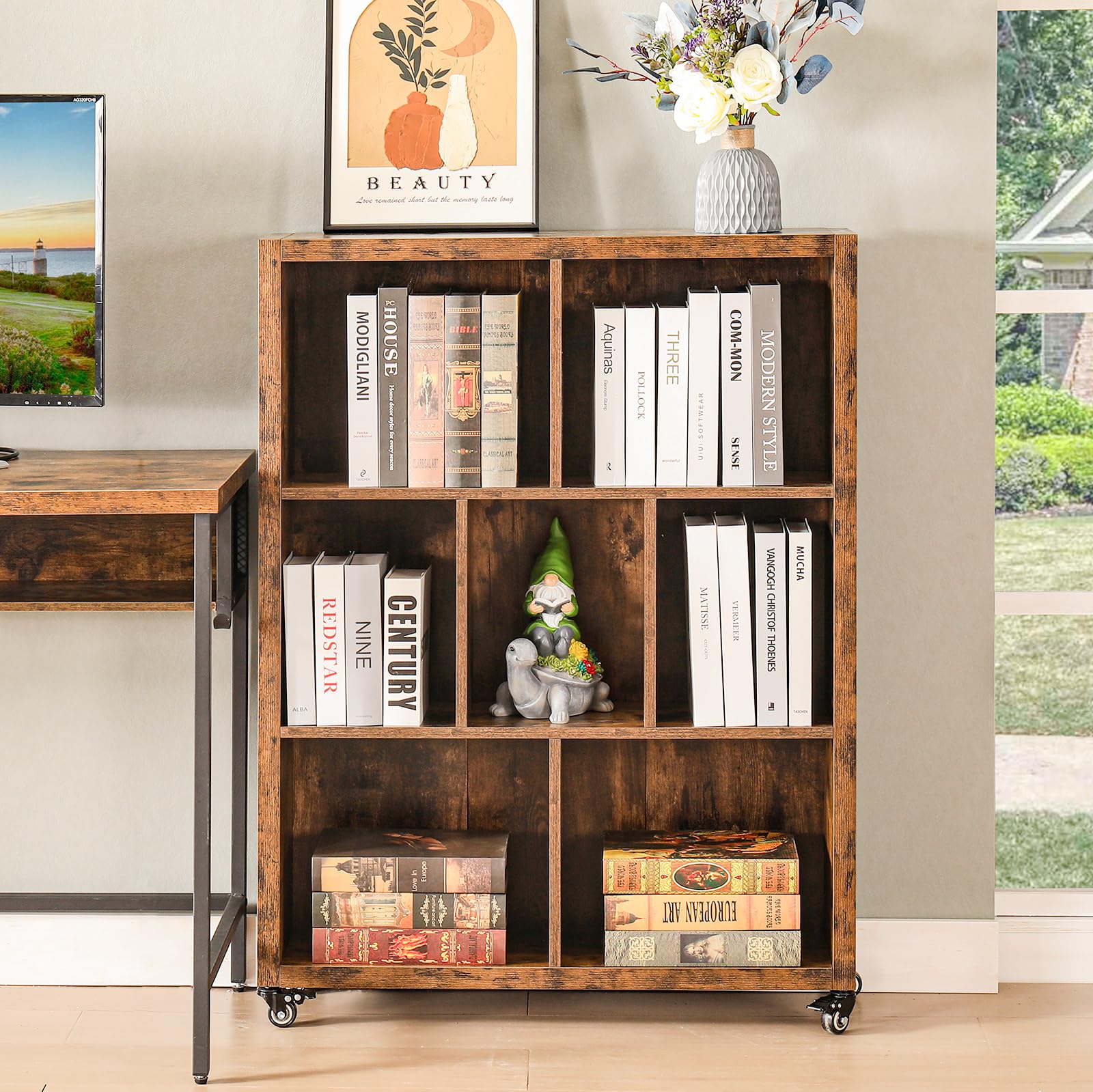 FUSUNBAO 7-Cube Style Bookshelf with Wheels Frame Industrial Style Book Storage Organizer Bookcase Floor Standing Fixed Shelves,Display Shelves Cabinet for Living Room/Bedroom/Office(Antique Brown)