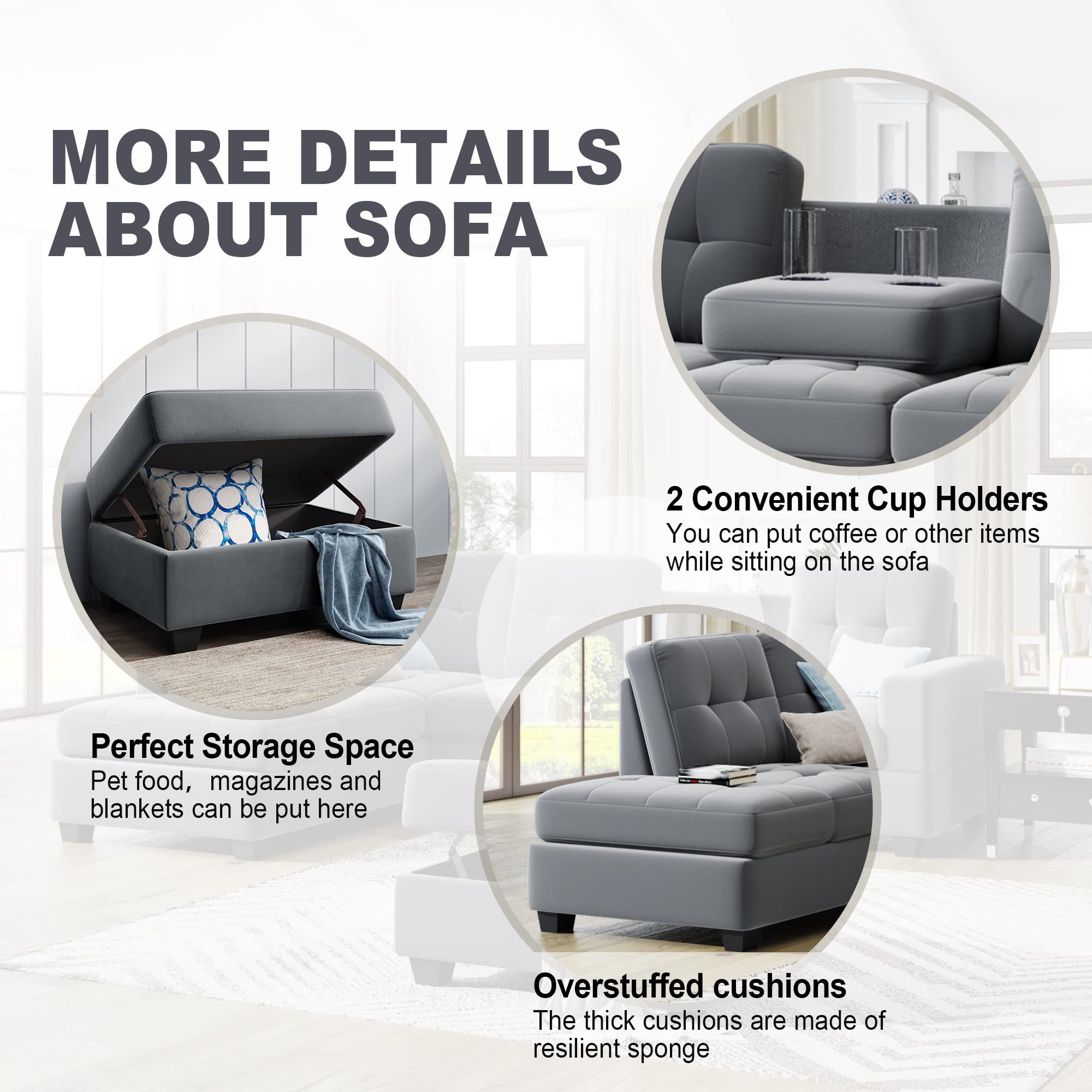 Merax L Shaped Sectional Sofas 3-Seat Sofa Sets Sectional Sofa Couches with Reversible Chaise Lounge, Cup Holders and Storage Ottoman for Living Room Furniture (Grey)
