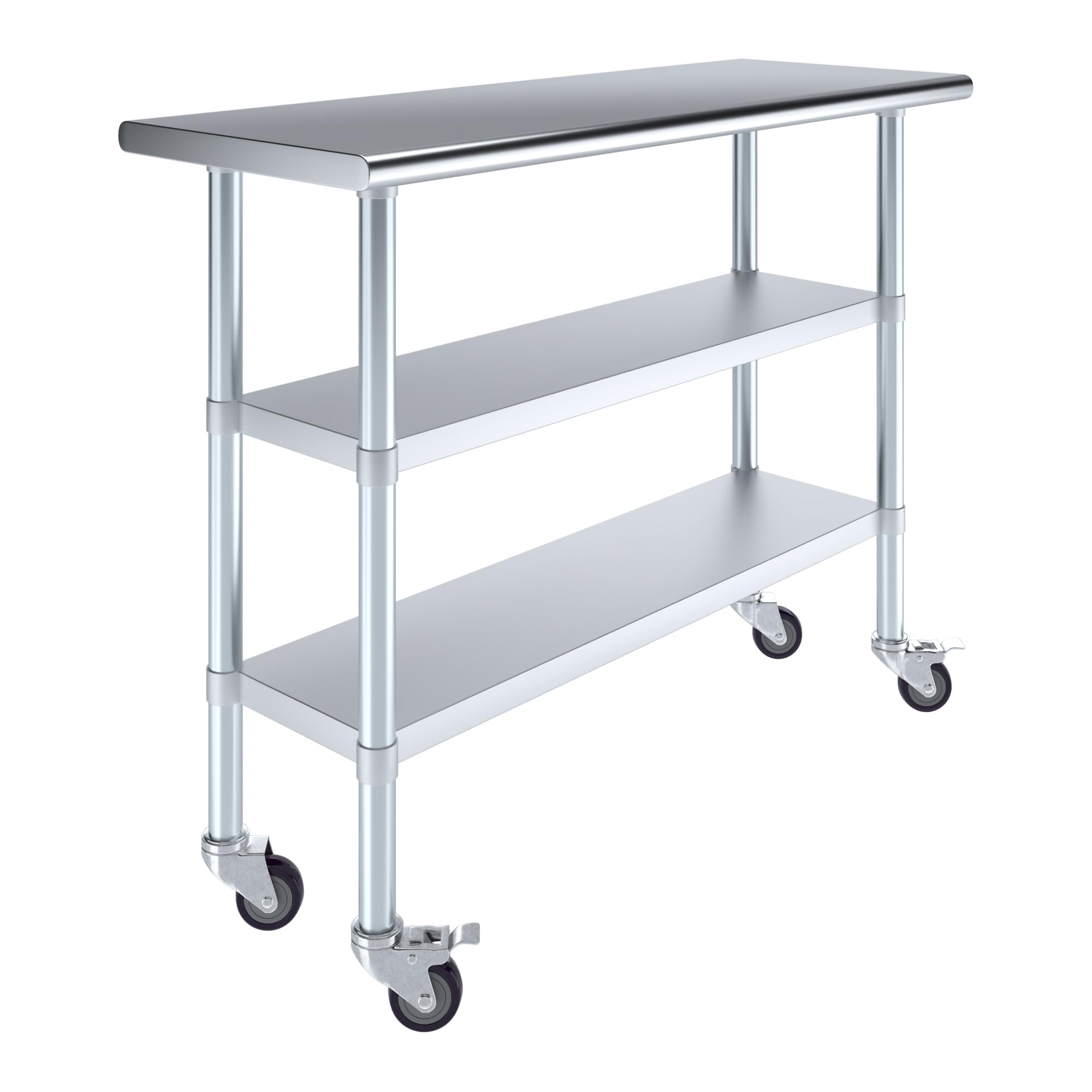 Stainless Steel Work Table with 2 Shelves with Casters | Metal Utility Table | Commercial & Residential NSF Utility Table (Stainless Steel Table with 2 Shelves, 48" Long x 18" Deep)