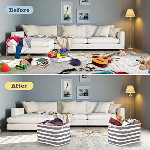 Consmos Rectangle Storage Baskets for Organizing Shelves Set of 3, Collapsible Canvas Storage Bins Nursery Hamper Toy Storage Organizer with Handles for Toys Books Clothes, Gray& White Stripe
