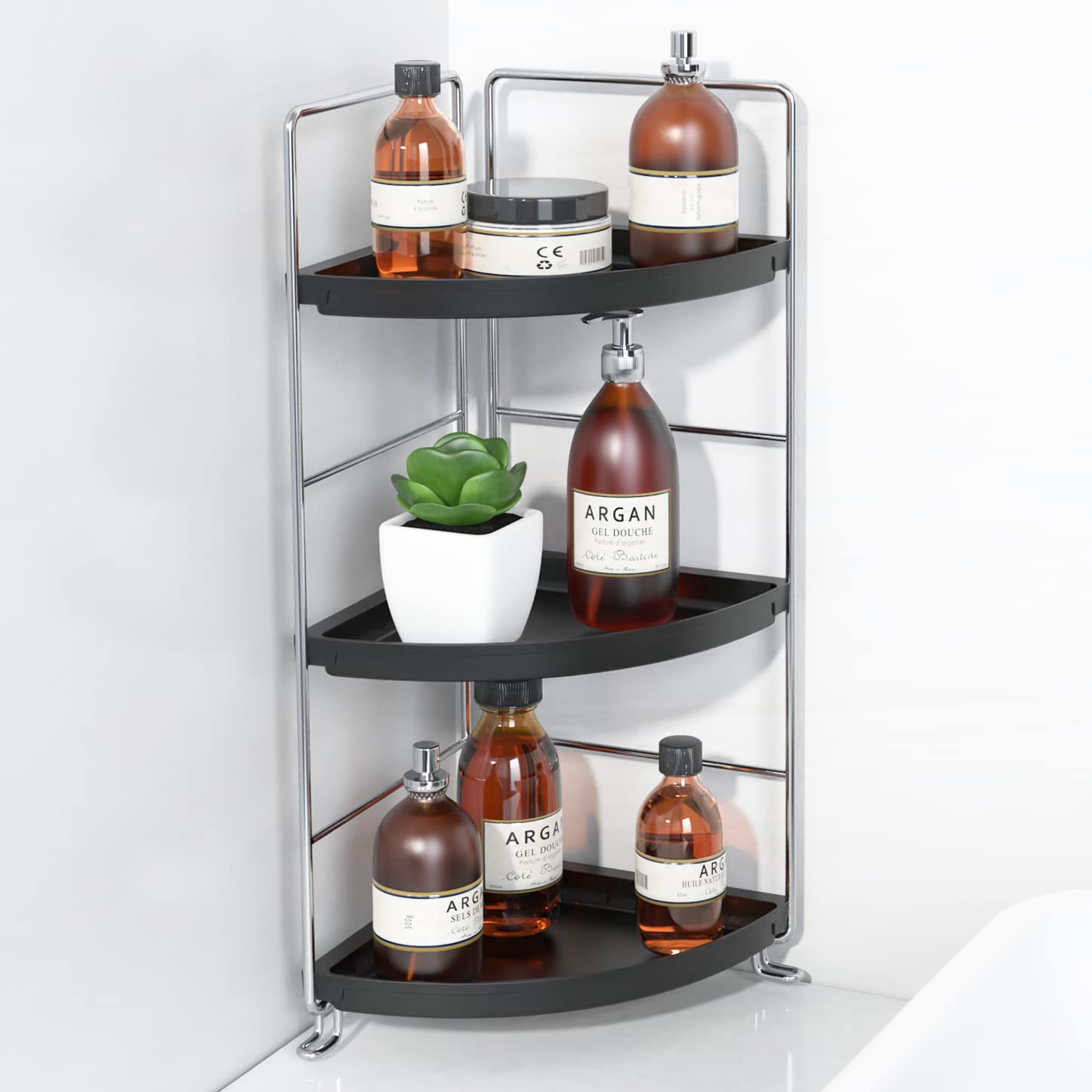 NLBTW 3 Tier Corner Bathroom Organizer Countertop, Bathroom Counter Shelf Vanity Organizer and Storage Cabinet for Makeup Skin Care Perfume Organizer Tray or Kitchen Spice Rack (Silver & Black)