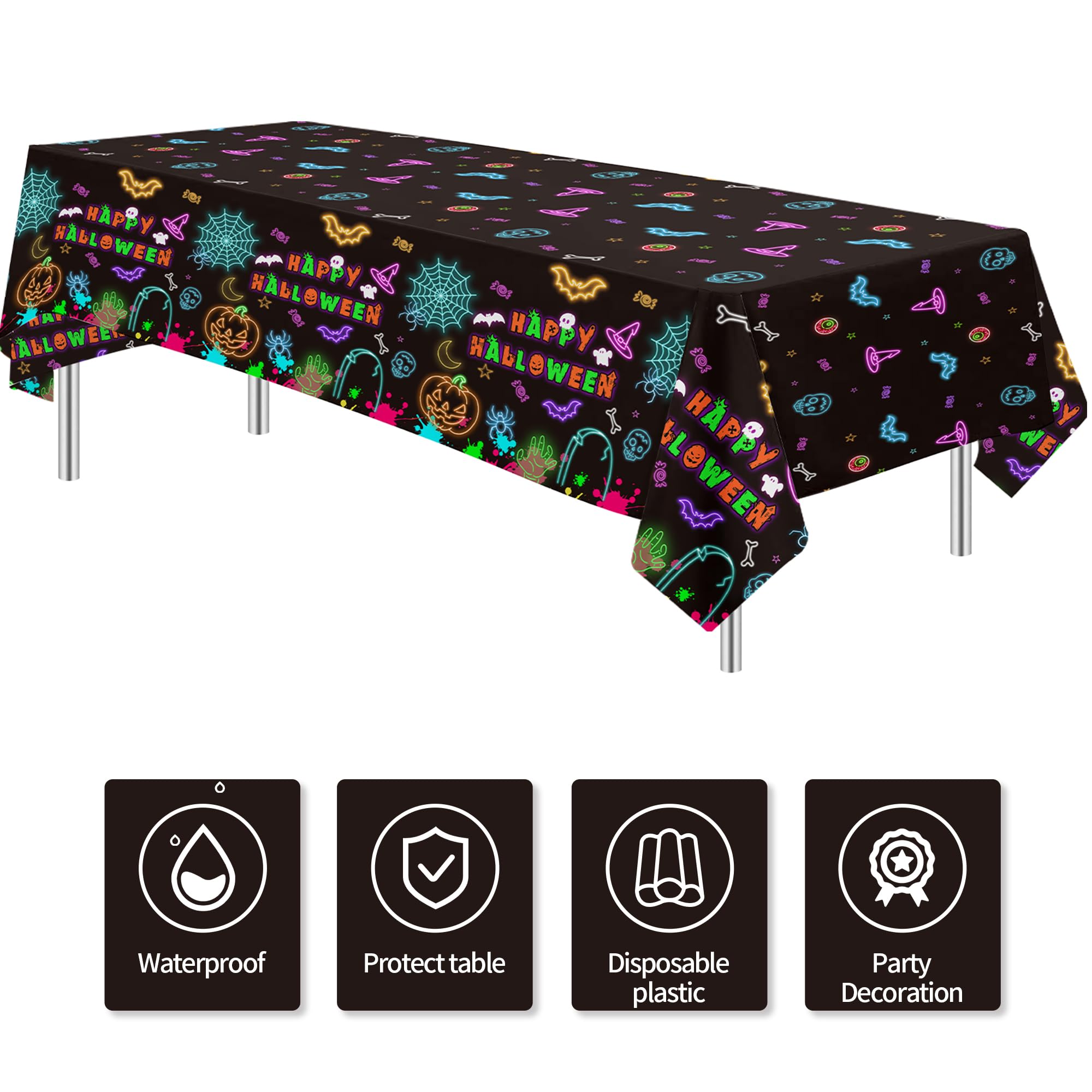 Aribra Neon Halloween Decorations Tablecloths, Glow Happy Halloween Party Supplies Table Covers, Disposable Neon Spooky Halloween Birthday Party Decorations Table Cloth, 3 Pack (108 x 54 Inch)